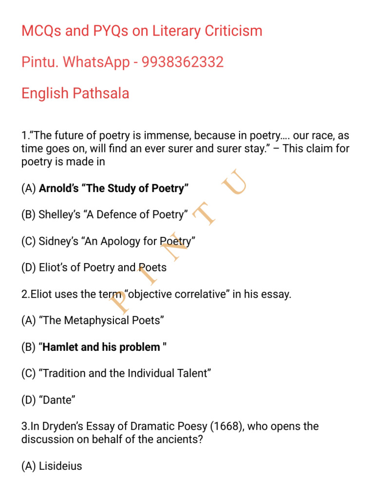MCQS and PYQs On Literary Criticism | PDF | Poetry | Literary Theory
