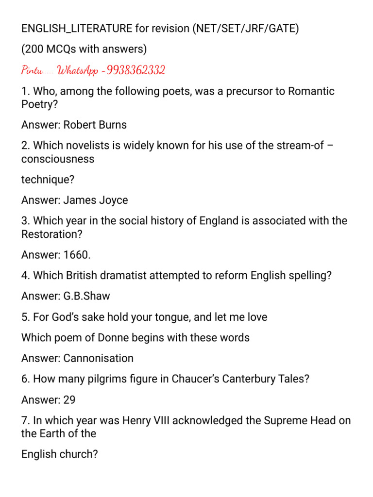 Important English Literature MCQs For Revision | PDF | John Dryden ...