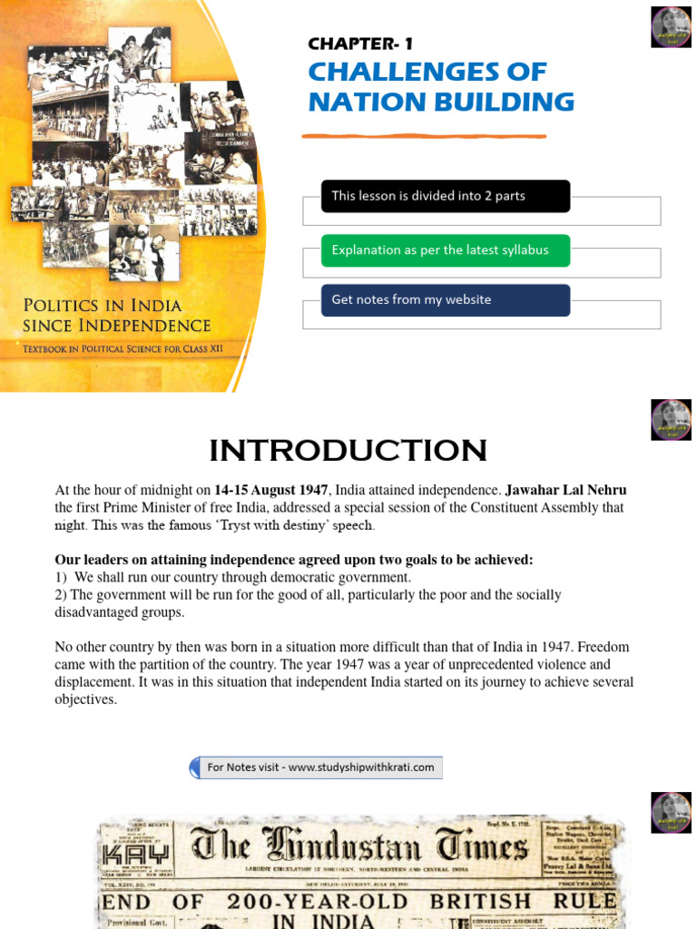 CH-1 Challanges of Nation Building (PS2) | PDF | Partition Of India ...