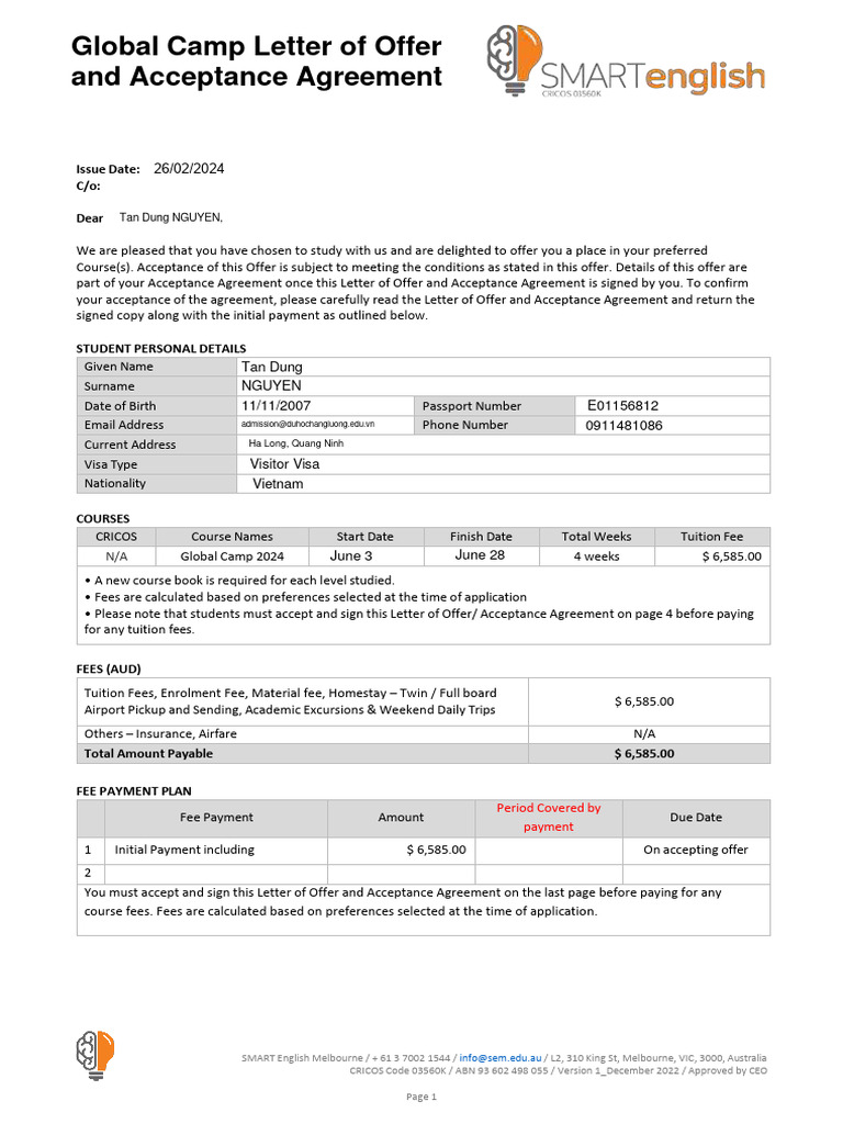 2.1 SMART English Global Camp Offerletter 2024 - Tan Dung NGUYEN1 | PDF ...