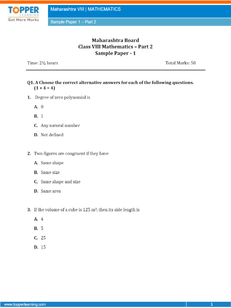 Sample Papers For MSB Class 8 Mathematics Part 2 #1 Questions - TopperLearning | PDF