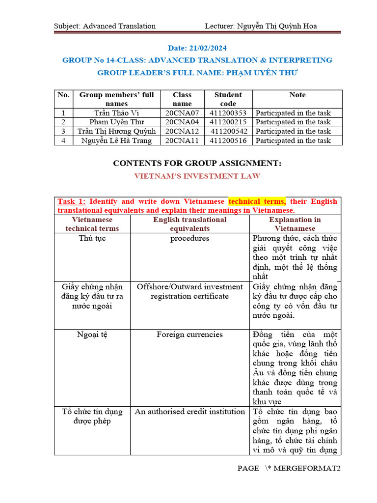 Investment Law-Template For Advanced Translation Assignment - Group 14 ...