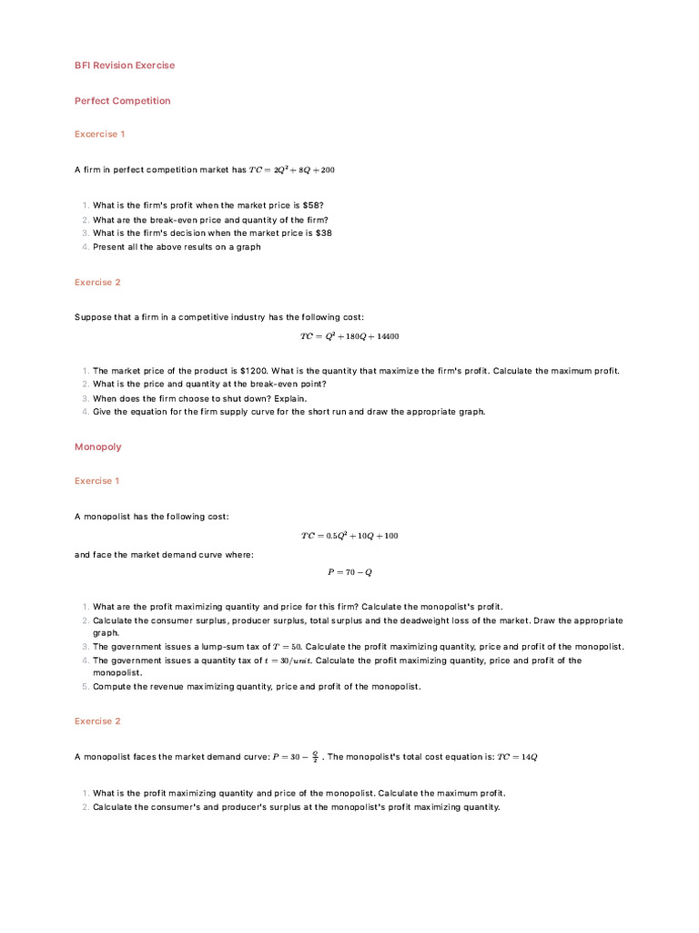 BFI Revision Exercise | Download Free PDF | Monopoly | Profit (Economics)