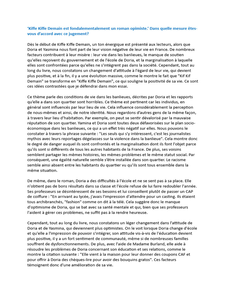 Optimisme croissant dans "Kiffe Kiffe Demain" | PDF | Psychologie ...