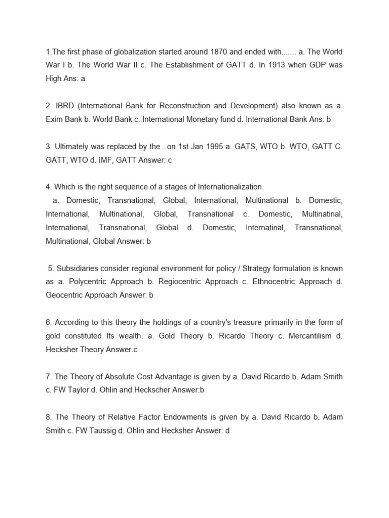 Global Business Quiz Guide | PDF | Multinational Corporation | World ...