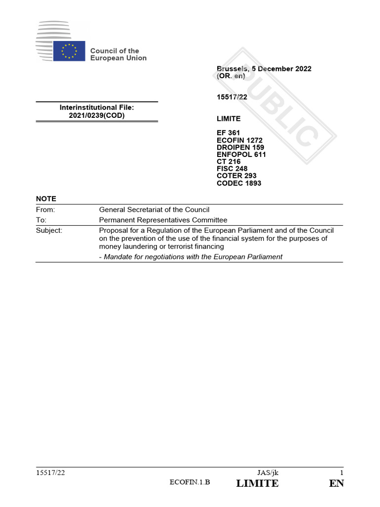 06a - EU AML Regulation - Draft by The Council | PDF | Regulatory ...