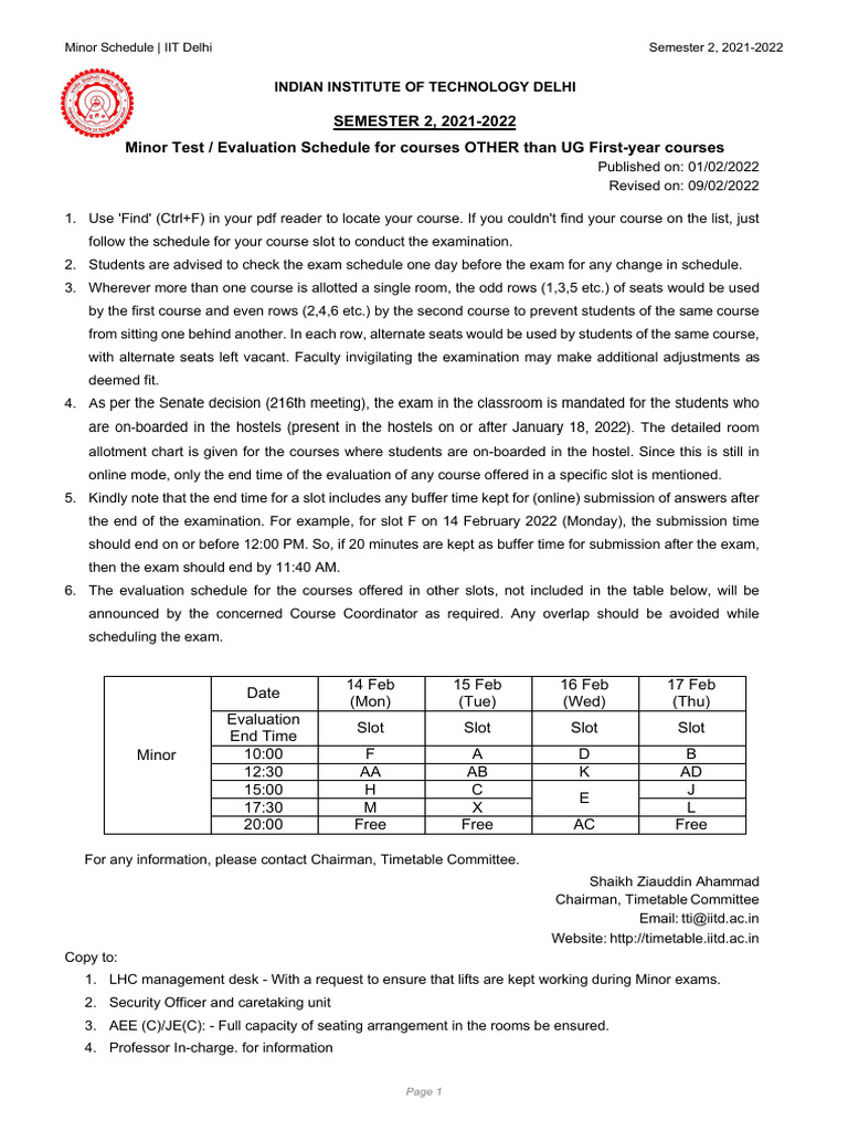 IIT Delhi Minor Test Schedule 2022 | PDF