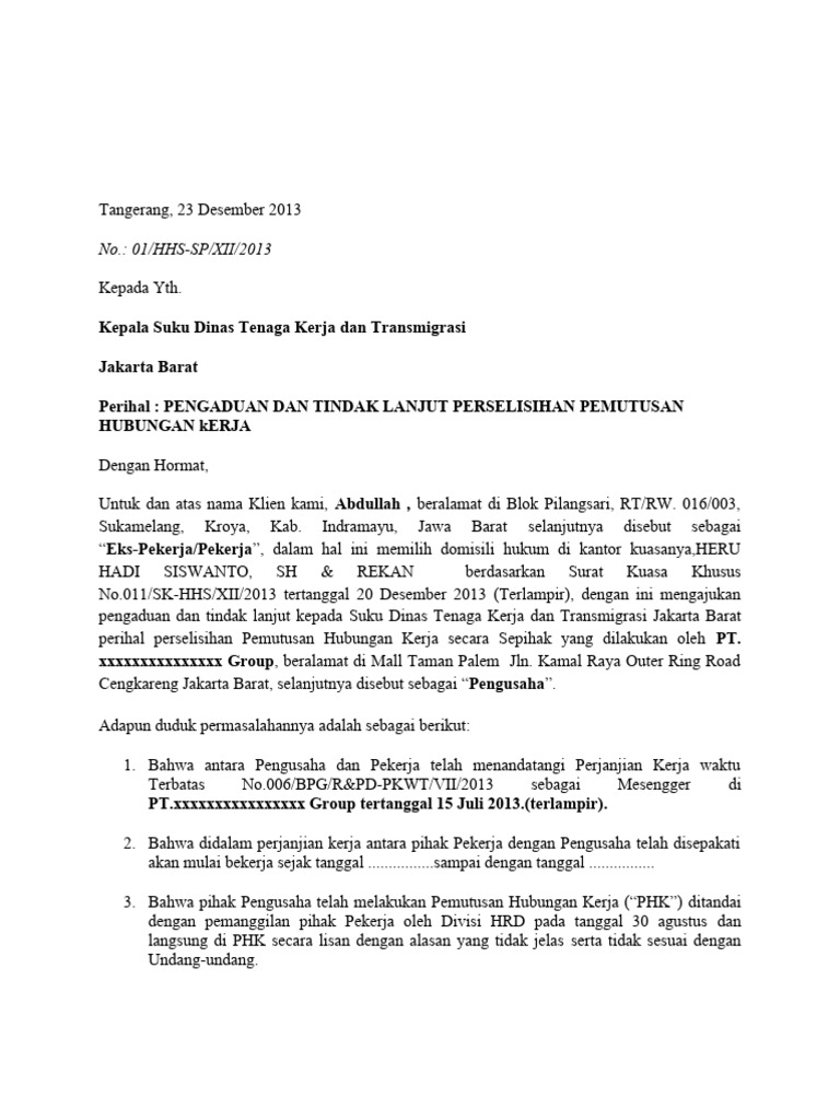 Contoh Pengaduan ke Dinas Tenaga kerja | PDF