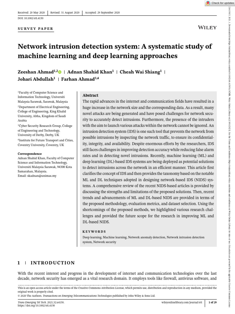 Transactions On Emerging Telecommunications Technologies 2020 Ahmad Network Intrusion Detection ...