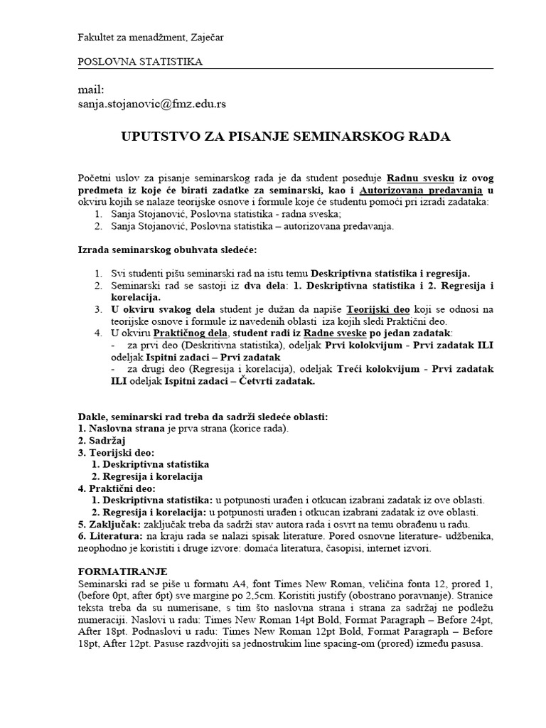 NOVO STAT Uputstvo Za Pisanje Seminarskog Rada | PDF