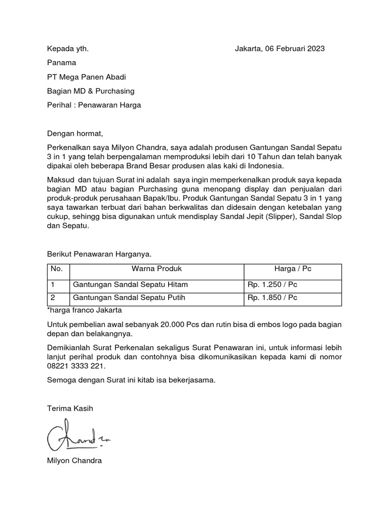 Surat Perkenalan & Penawaran Panama | PDF