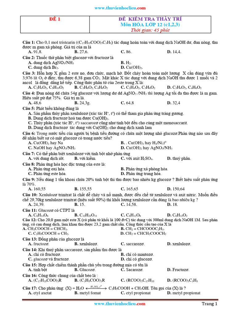 6 de KT 1 Tiet Lan 1 Hoa 12 Co Dap An | PDF