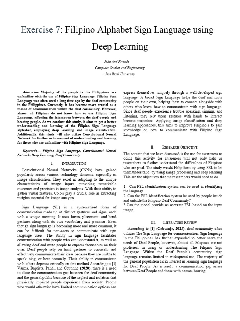 Filipino Alphabet Sign Language Using Deep Learning: Exercise 7 | Download Free PDF | Sign ...