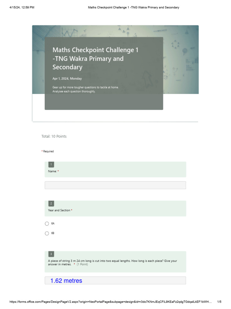 Maths Checkpoint Challenge 1 - TNG Wakra Primary and Secondary Answer ...