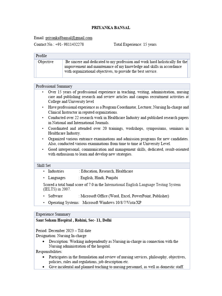 Priyanka CV 2024 | Download Free PDF | Nursing | Medicine