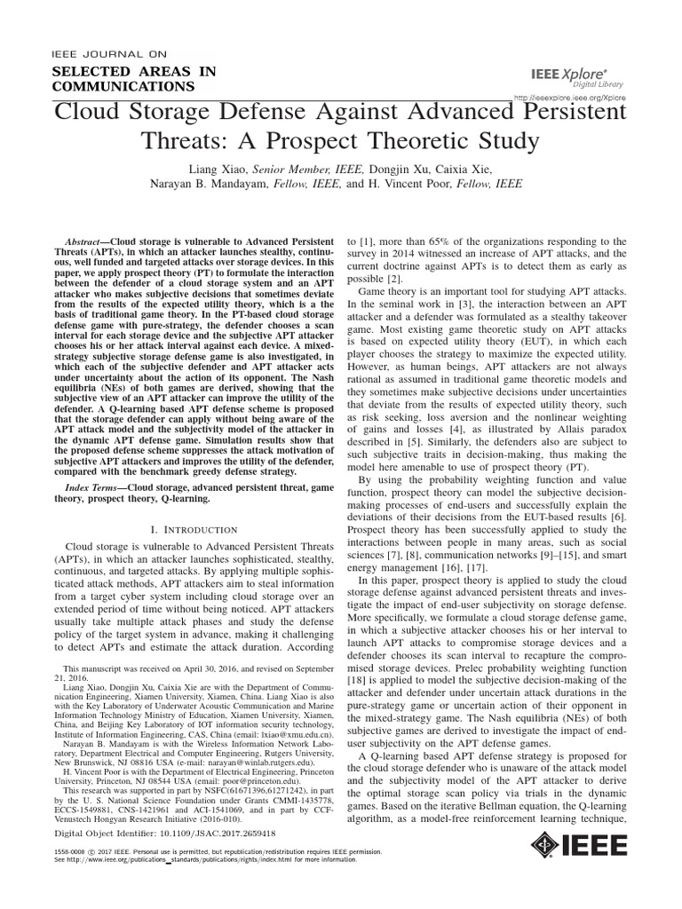 Article Cloud Storage Defense Against Advanced Persistent | PDF | Game Theory