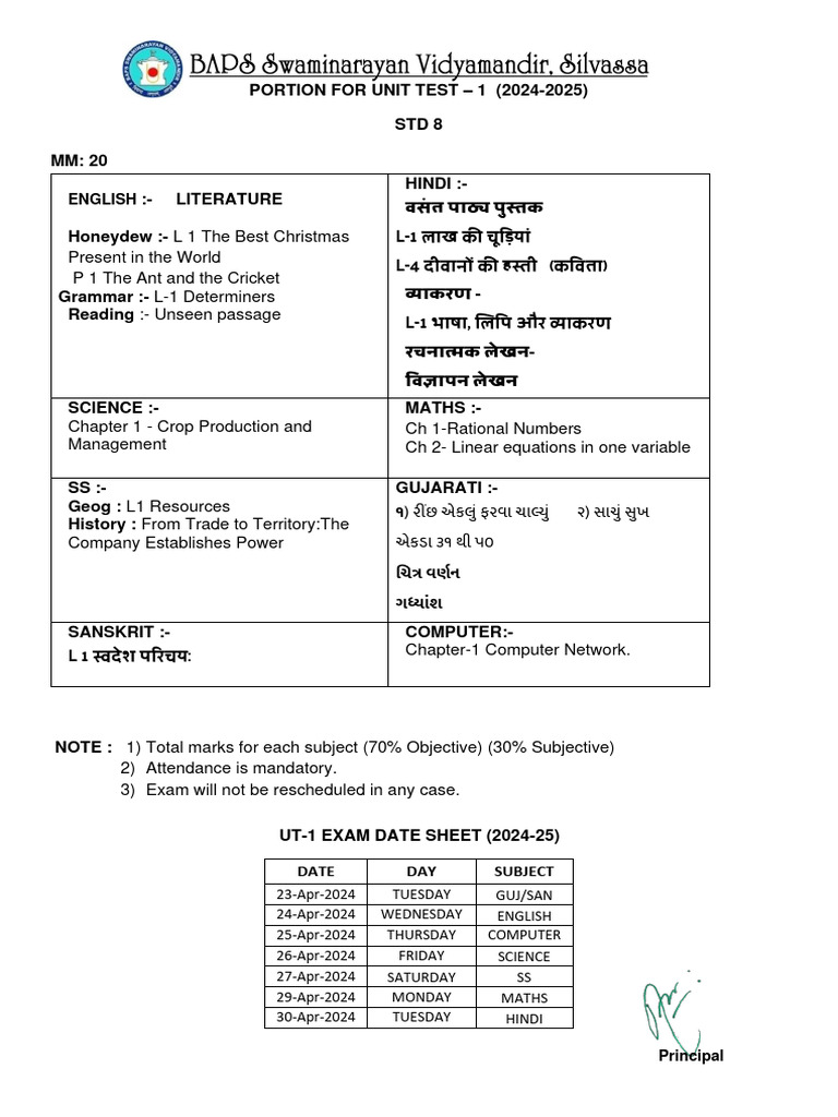 PORTION FOR UT 1 STD 8 2024-25 | PDF