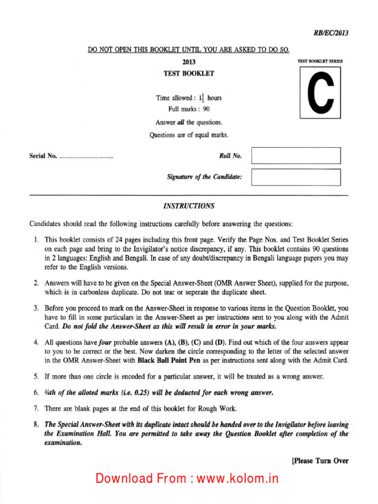 2013 Exam Test Booklet Instructions | PDF