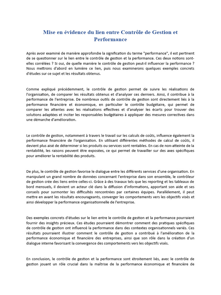 Impact du contrôle de gestion sur la performance | PDF | Évolution de ...