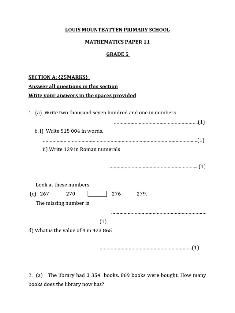 Grade 5 Math Exam Paper | PDF | Numbers | Arithmetic