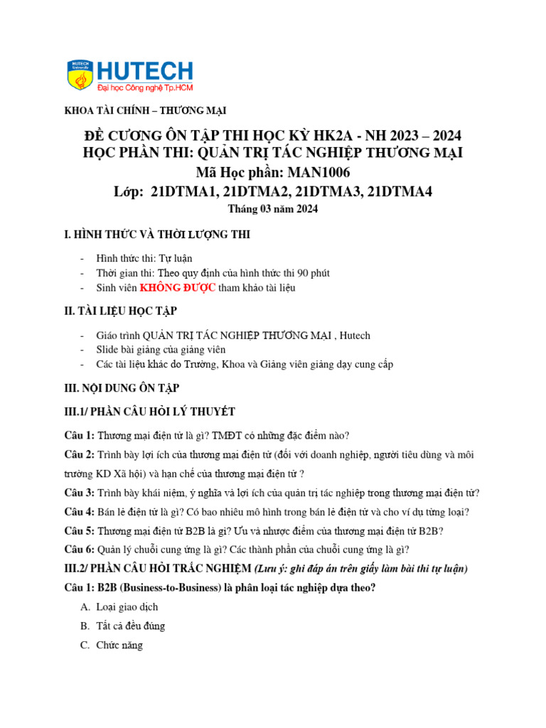 K.TC-TM - Decuongontap - 2A2324 - MAN1006 - Quan Tri Tac Nghiep Thuong ...