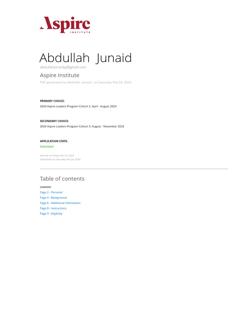 Abdullah Junaid Aspire Institute Application | PDF | Parent | College