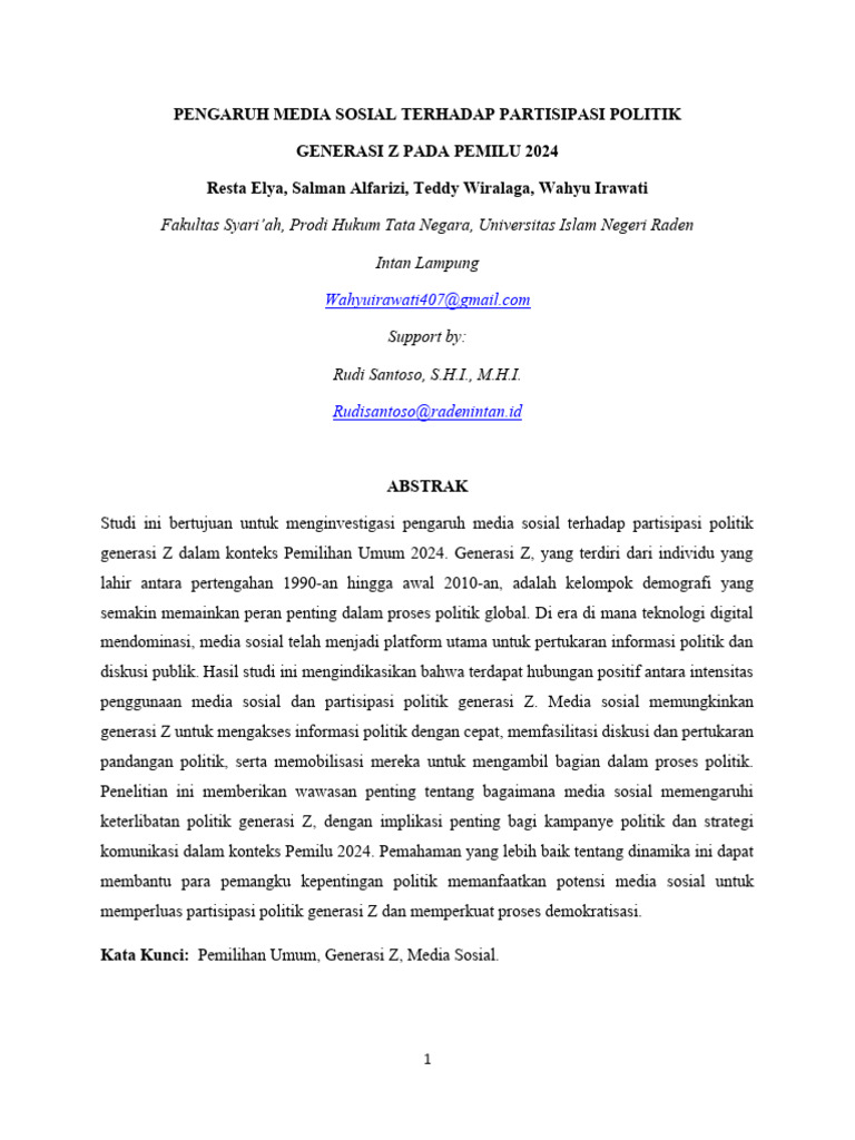 Jurnal Pengaruh Media Sosial Terhadap Partisipasi Politik Generasi Z Pada Pemilu 2024 | PDF