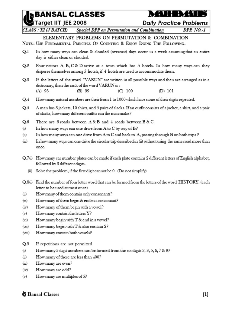 Perm & Comb DPP (1-10) 11th ACME WA | PDF | Numbers | Consonant