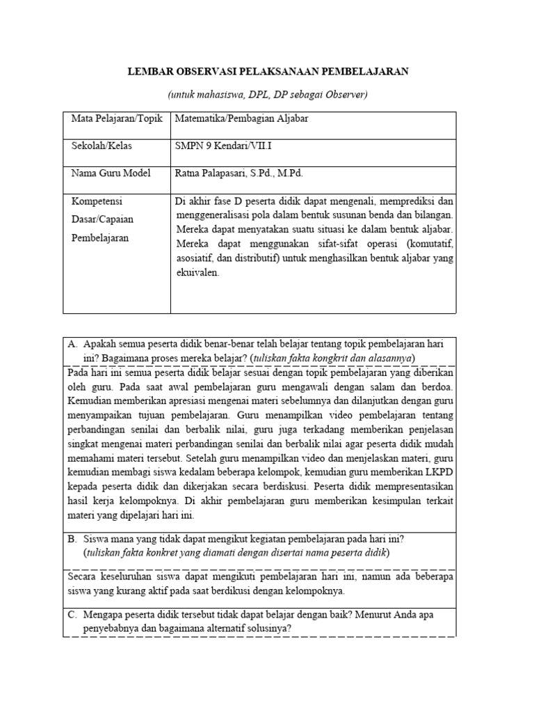 Lembar Observasi Pelaksanaan Pembelajaran | PDF