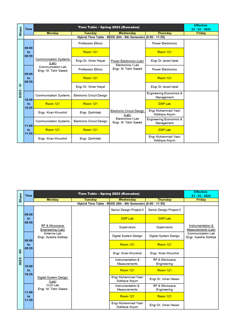 Spring 2023 BEEE Class Timetable | PDF | Wireless | Radio Technology
