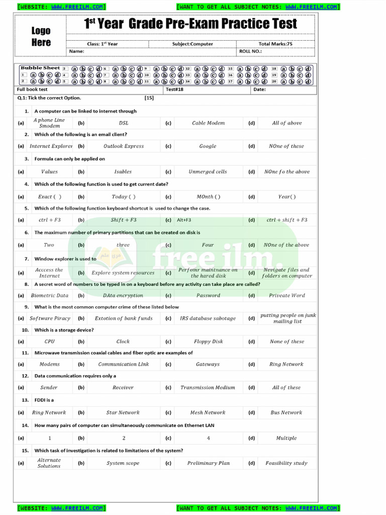 11th Computer Test Paper 18 | PDF