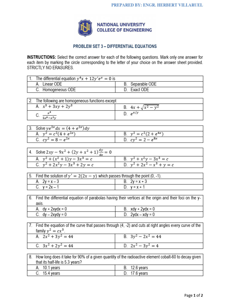 Problem Set 3 - Differential Equations 1 | PDF | Ordinary Differential ...
