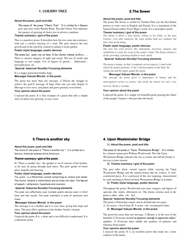 Poem Appreciation for Class 11 | PDF | Poetry | Sonnets