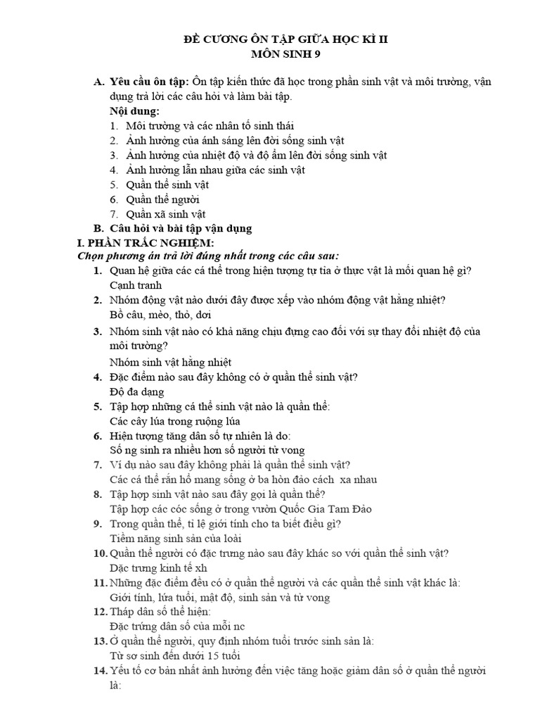 DE CUONG ON TAP GIUA KI 2 - MON SINH 9 Đã LM | PDF