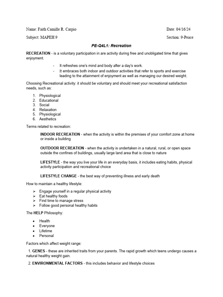MAPEH 9 (PE) Q4L1: Recreation | PDF | Camping | Recreational Vehicle