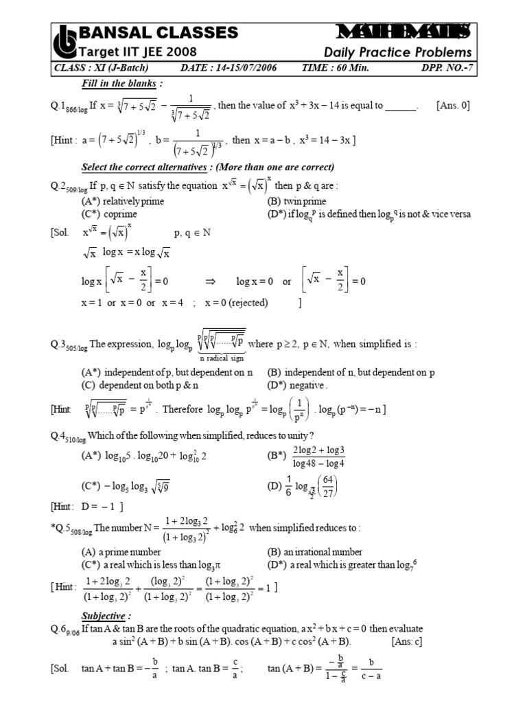 DPP (7-9) 11th J-Batch Maths | PDF | Logarithm | Numbers
