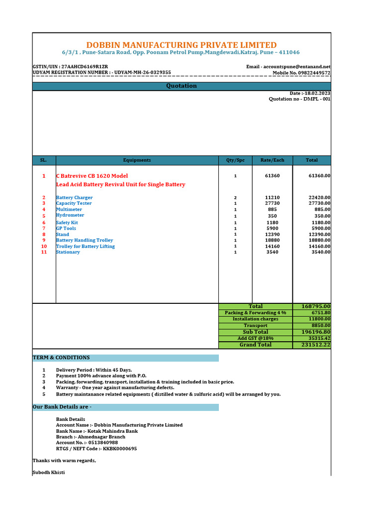 Quotation No - DMPL 001 of Lead Acid Battery Revival Unit For Single ...