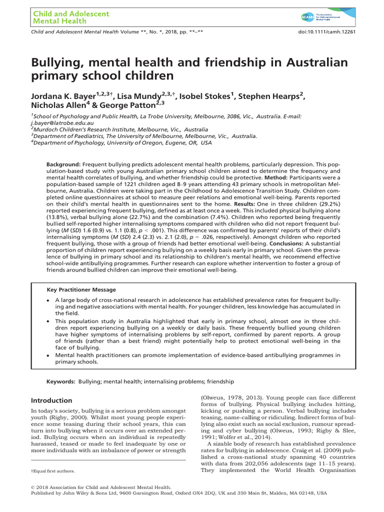 Bullying, Mental Health and Friendship in Australian Primary School ...