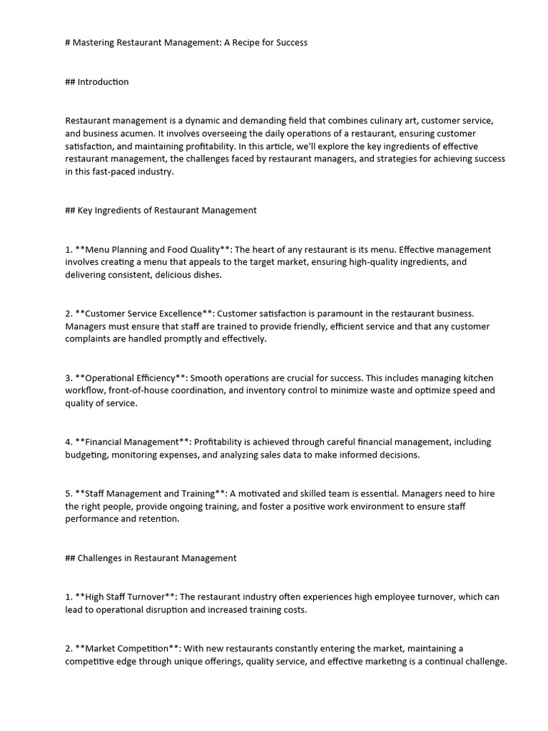Mastering Restaurant Management | PDF | Restaurants | Customer