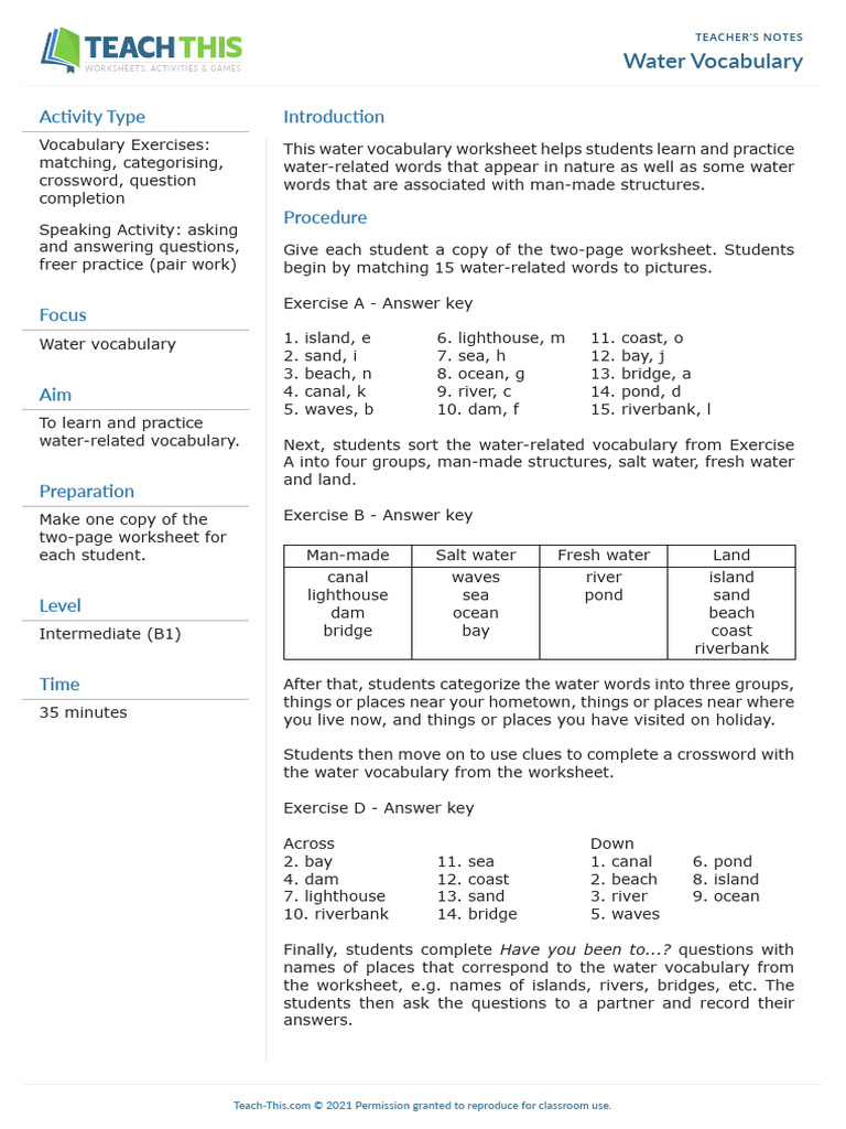 Water Vocabulary Worksheet | PDF | Sea | Coast