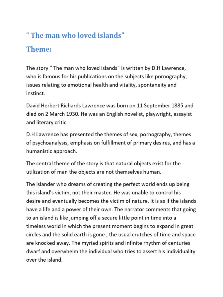 Themes in "The Man Who Loved Islands" | PDF | Psychology | Behavioural ...