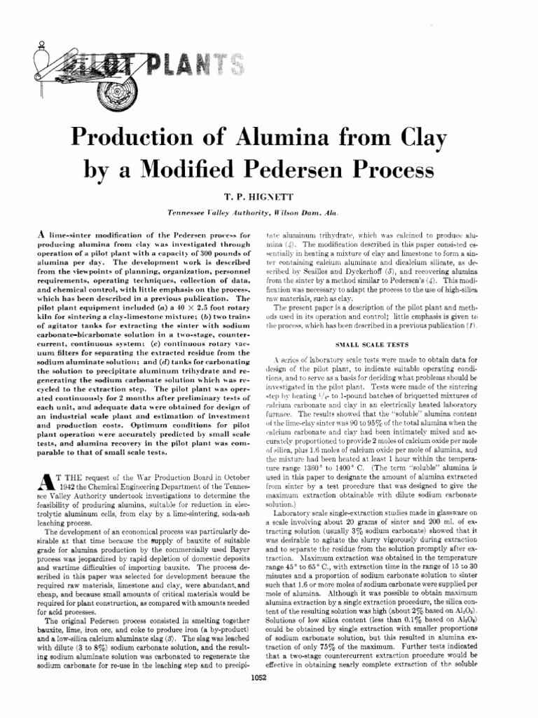 PILOT PLANTS Production of Alumina from Clay by a Modified Pedersen Process | PDF | Filtration ...