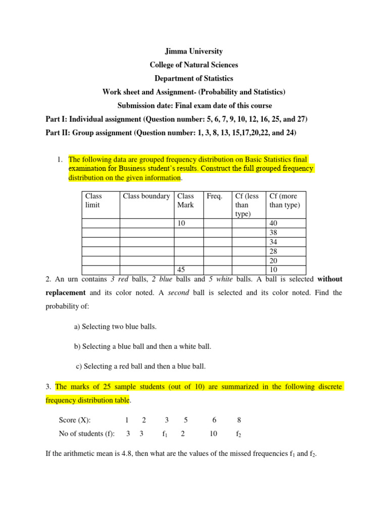 Work Sheet and Assignment For Probability and Statistics | PDF | Mean | Probability Distribution
