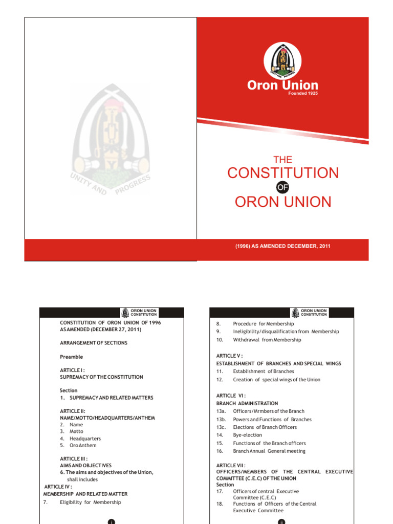 Oron Union Constitution Overview | PDF | Presidents Of The United ...