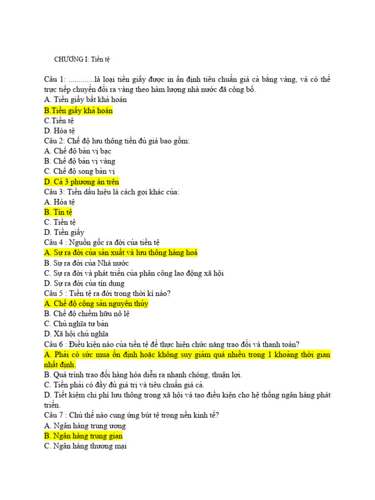 CÂU HỎI TN C1- NHỮNG VẤN ĐỀ CƠ BẢN VỀ TIỀN TỆ | PDF
