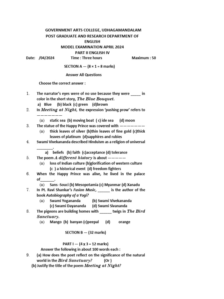 Model Exam Paper for English IV 2024 | PDF