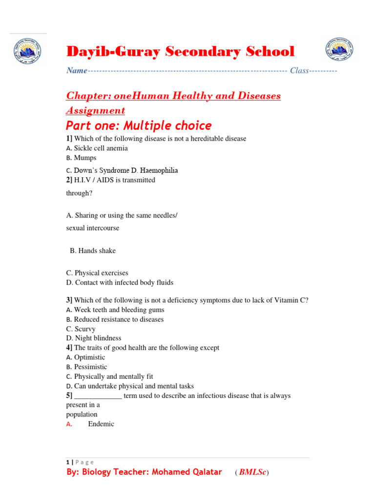 Chapter - One - Assignment - Bio - Form - Four Qule | PDF | Infection | Pathogen