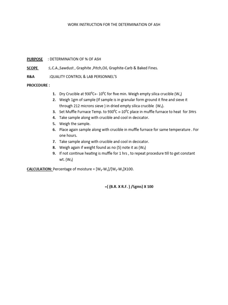 WORK INSTRUCTION FOR THE DETERMINATION OF ASH | PDF