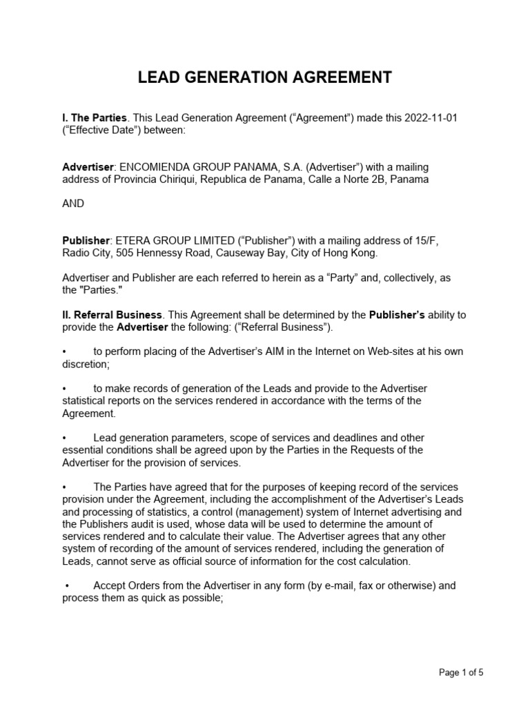 Lead Generation Agreement | PDF | Payments | Justice