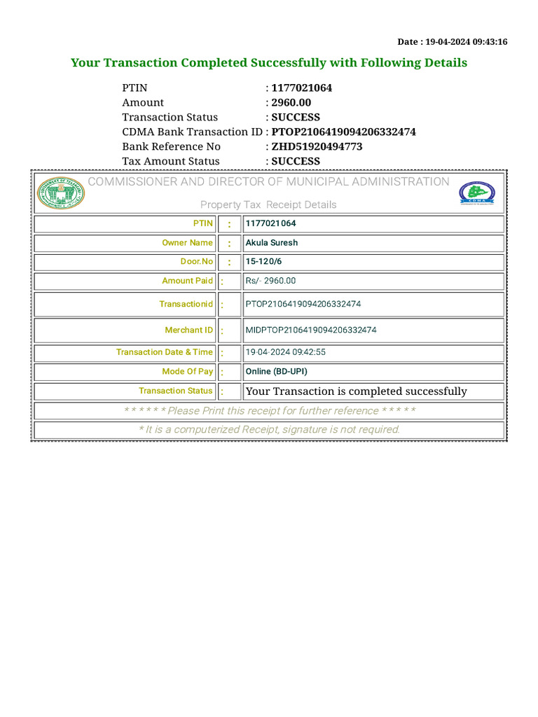 Property Tax Receipt Badangpet | PDF